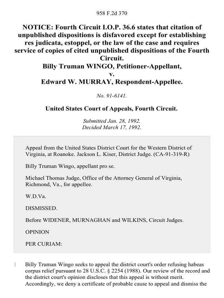 Billy Truman Wingo v. Edward W. Murray, 958 F.2d 370, 4th Cir. (1992) | PDF