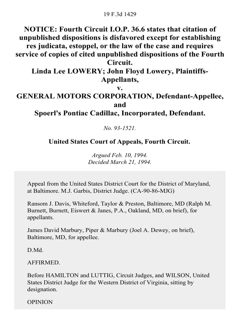 Linda Lee Lowery John Floyd Lowery v. General Motors Corporation, and ...