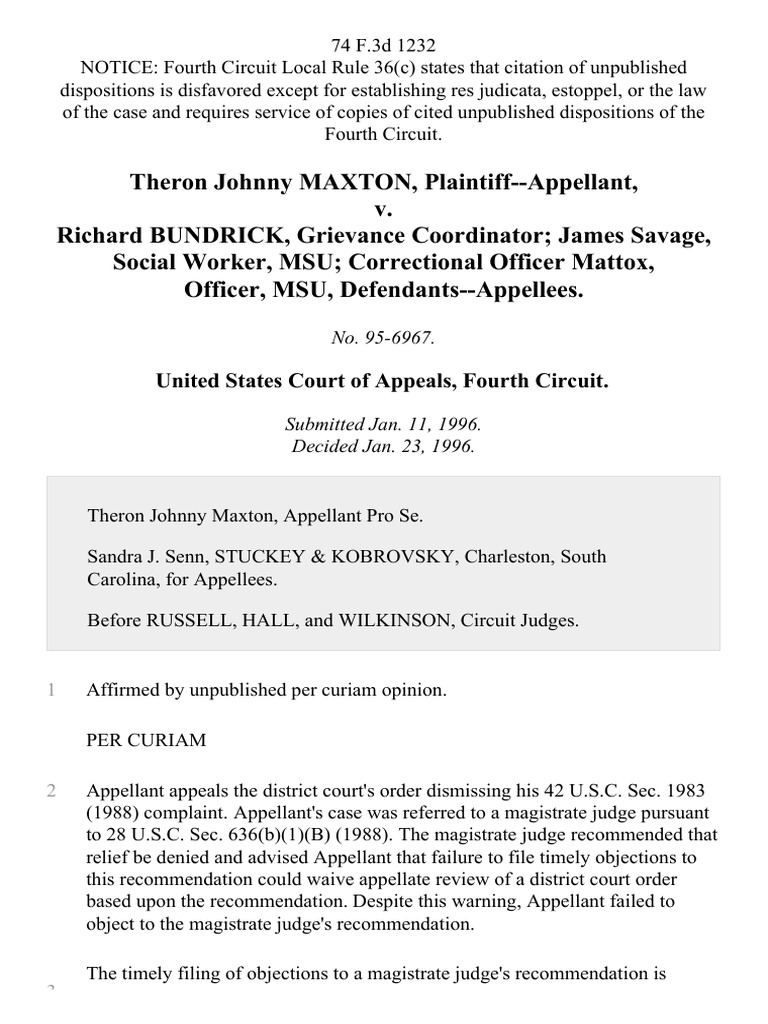 Theron Johnny Maxton v. Richard Bundrick, Grievance Coordinator James ...