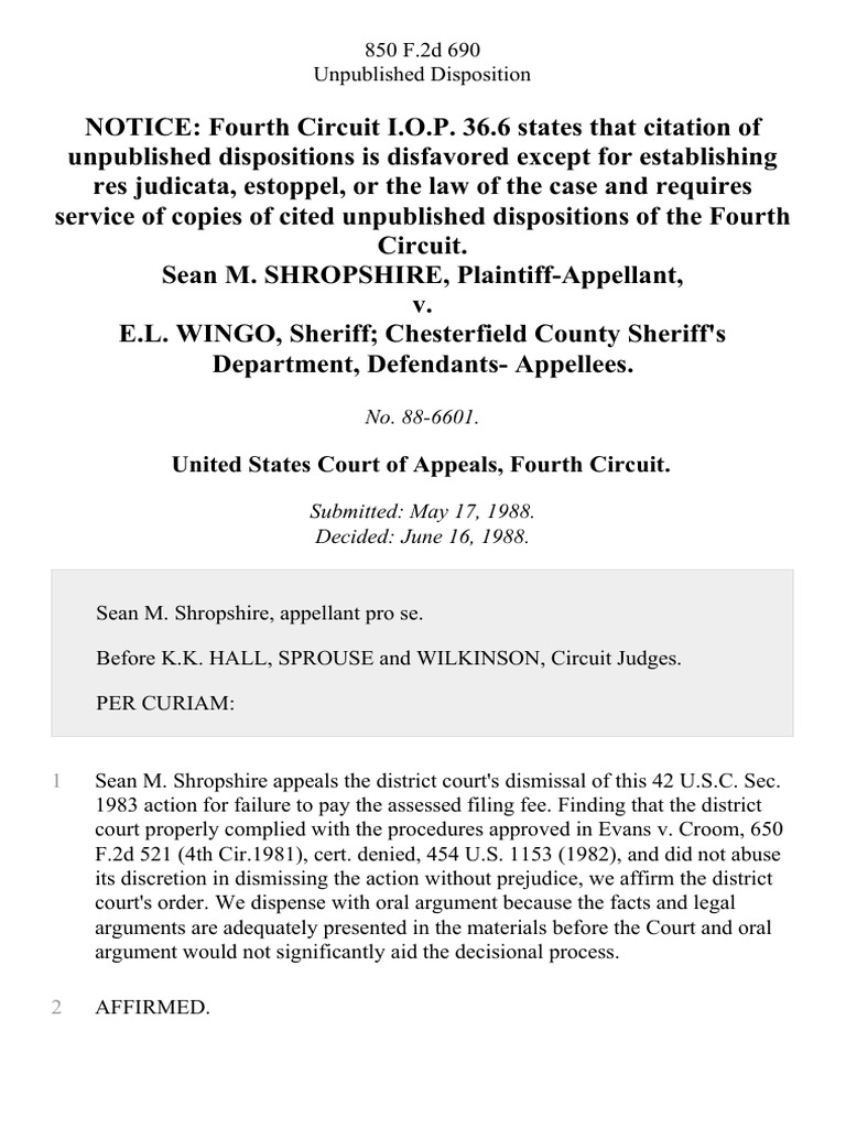 Sean M. Shropshire v. E.L. Wingo, Sheriff Chesterfield County Sheriff's Department, Defendants ...