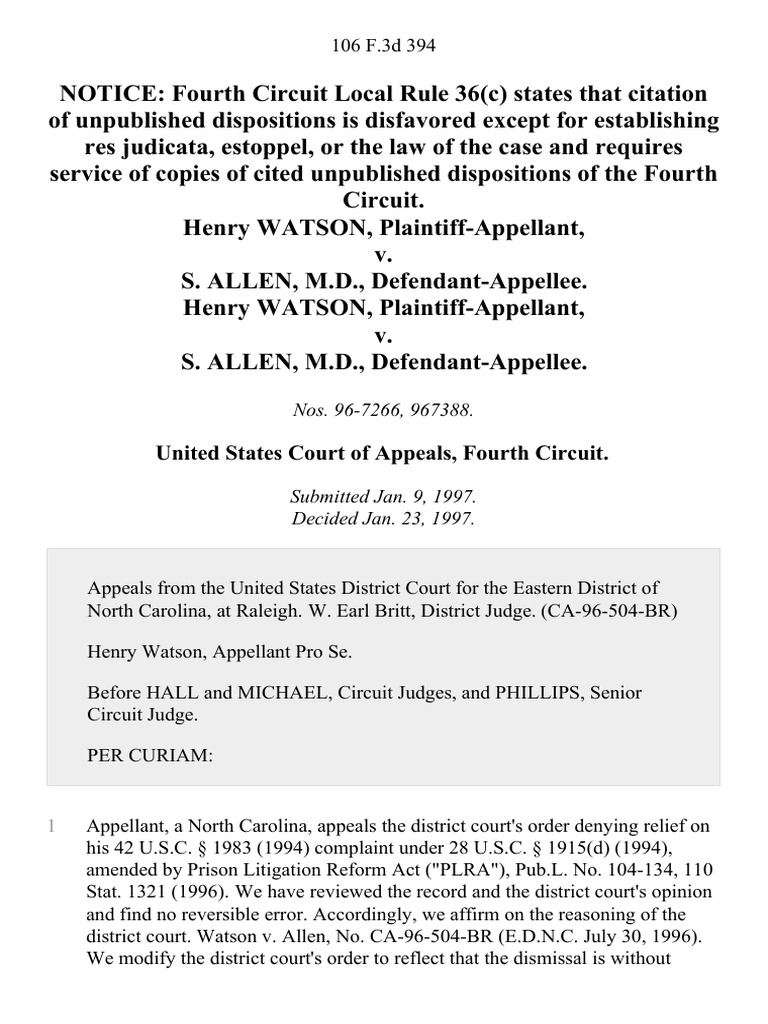 Henry Watson v. S. Allen, M.D., Henry Watson v. S. Allen, M.D., 106 F ...