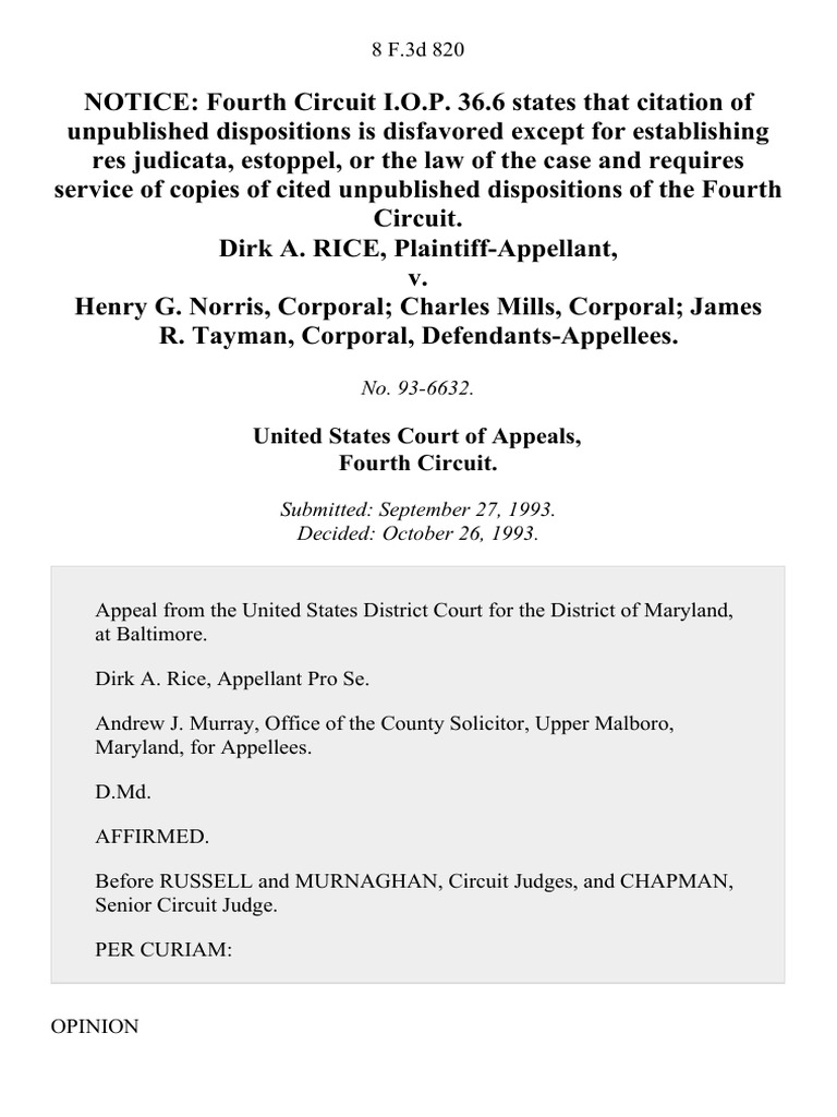 Dirk A. Rice v. Henry G. Norris, Corporal Charles Mills, Corporal James ... Dirk A. Rice v. Henry G. Norris, Corporal Charles Mills, Corporal James ...