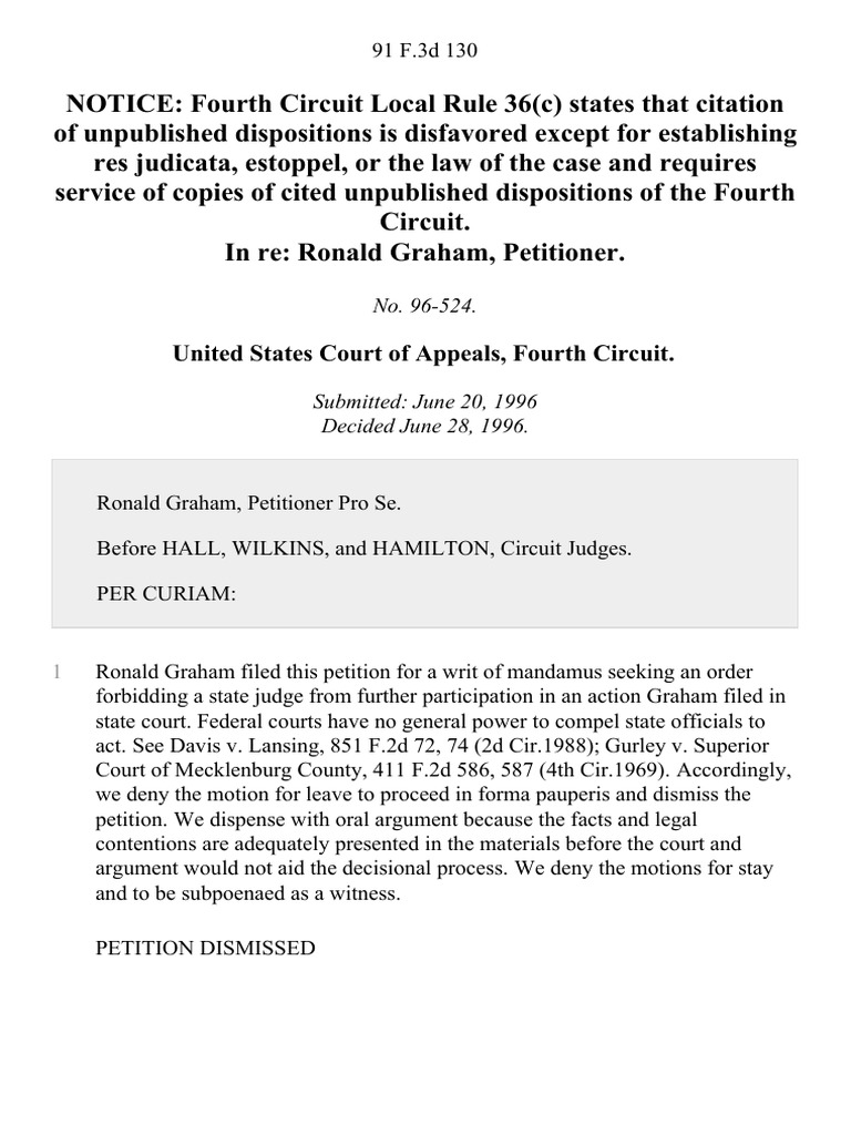 In Re: Ronald Graham, 91 F.3d 130, 4th Cir. (1996) | PDF | Politics | Law