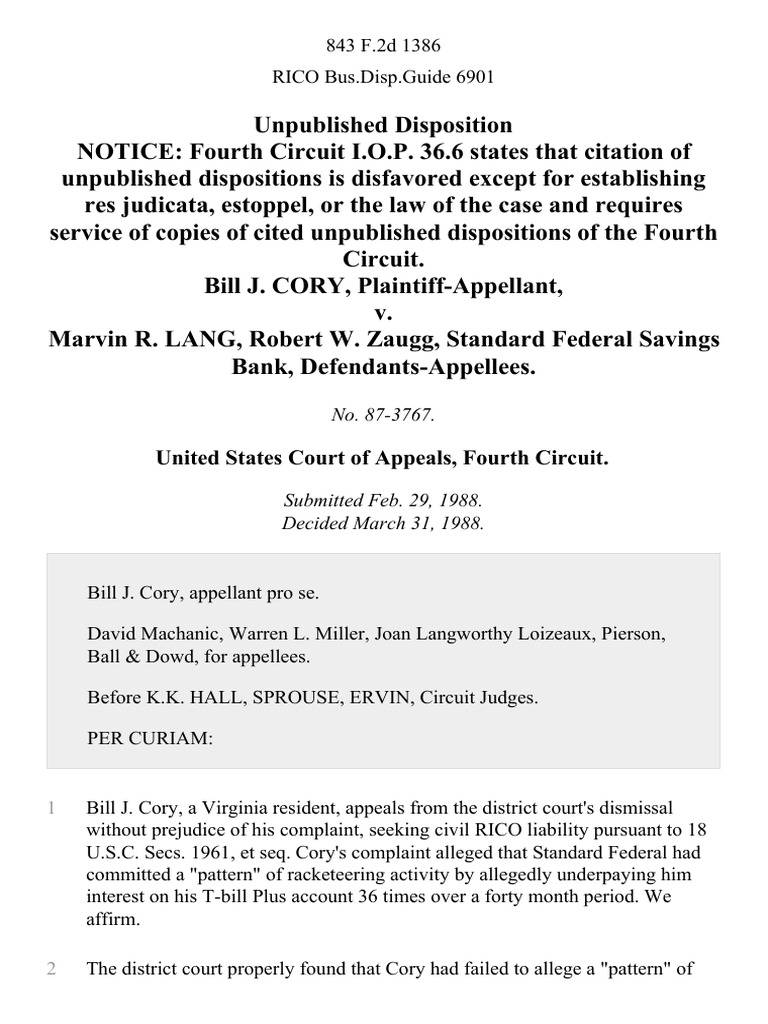 Bill J. Cory v. Marvin R. Lang, Robert W. Zaugg, Standard Federal ...