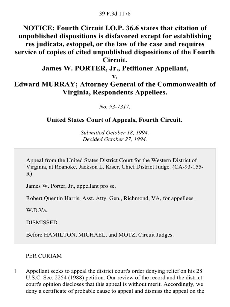 James W. Porter, Jr. v. Edward Murray Attorney General of The ...