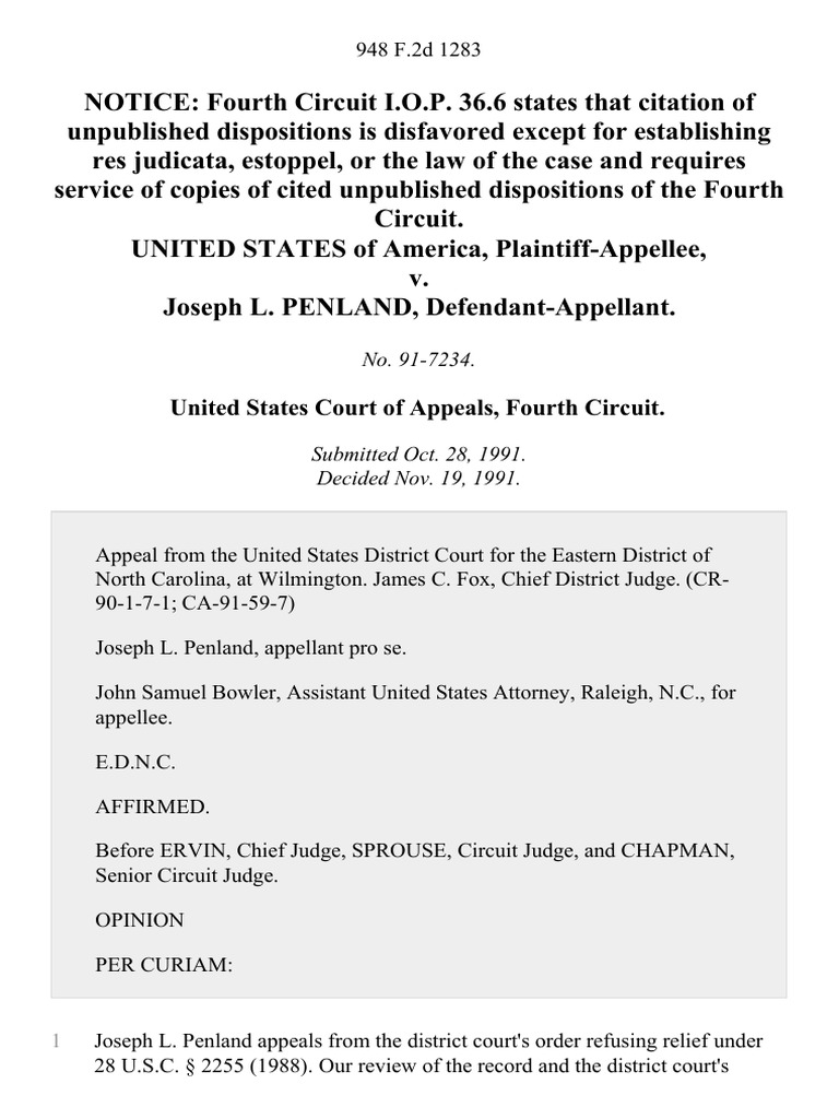 United States v. Joseph L. Penland, 948 F.2d 1283, 4th Cir. (1991) | PDF