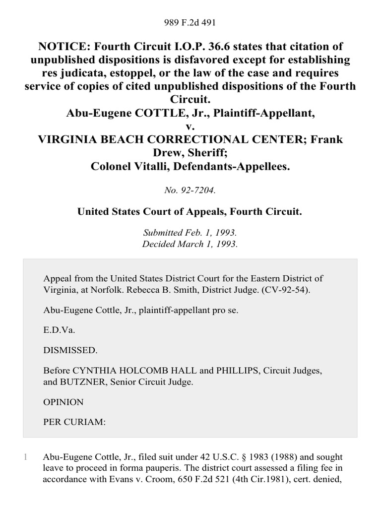 Abu-Eugene Cottle, Jr. v. Virginia Beach Correctional Center Frank Drew ...