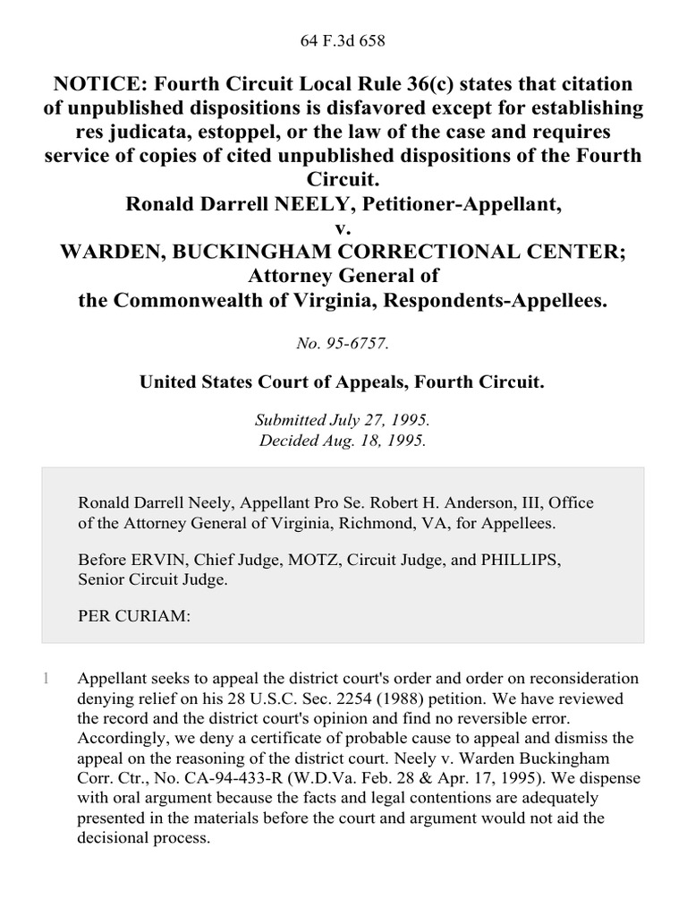 Ronald Darrell Neely v. Warden, Buckingham Correctional Center Attorney ...