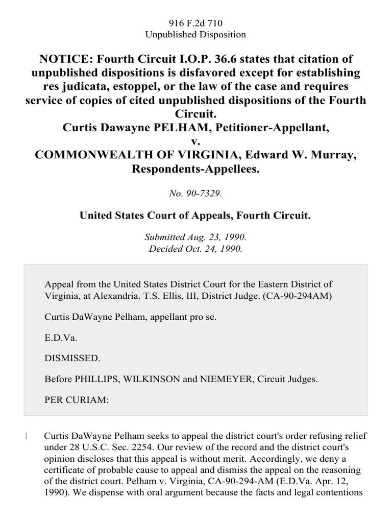 Curtis Dawayne Pelham v. Commonwealth of Virginia, Edward W. Murray ...