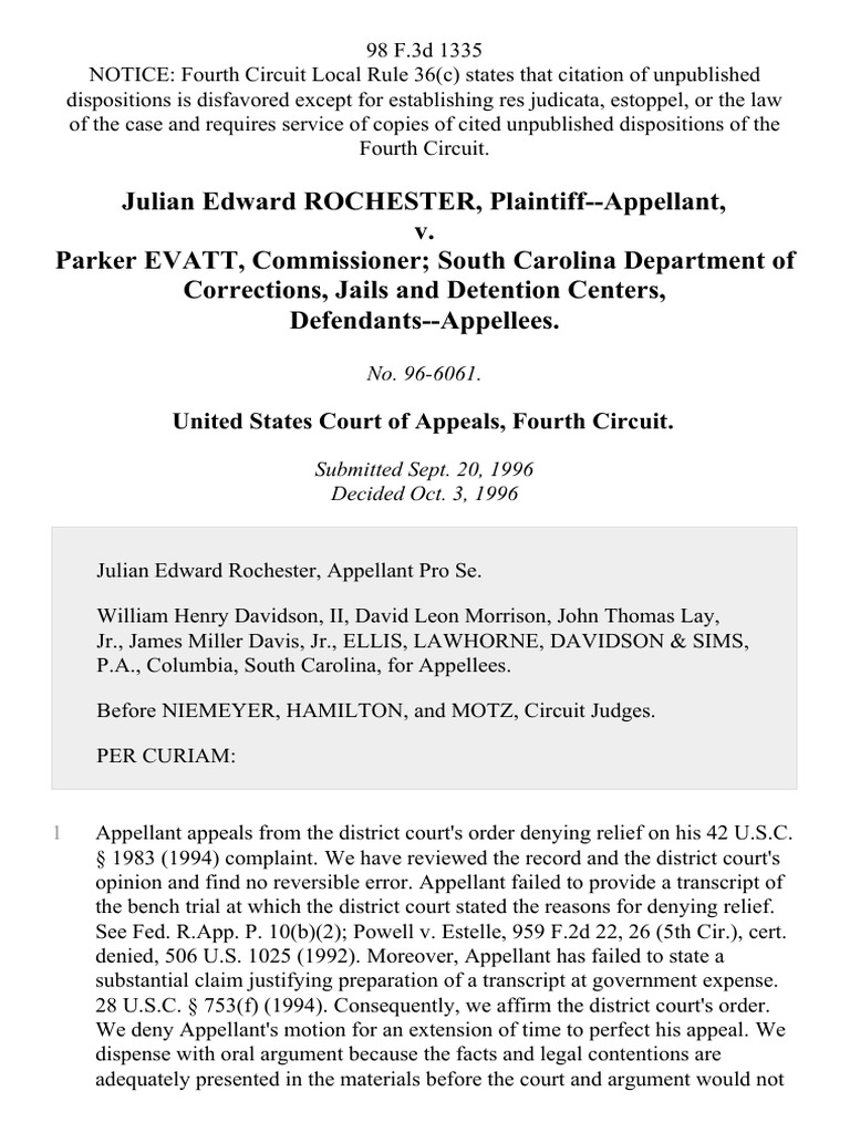 Julian Edward Rochester v. Parker Evatt, Commissioner South Carolina ...