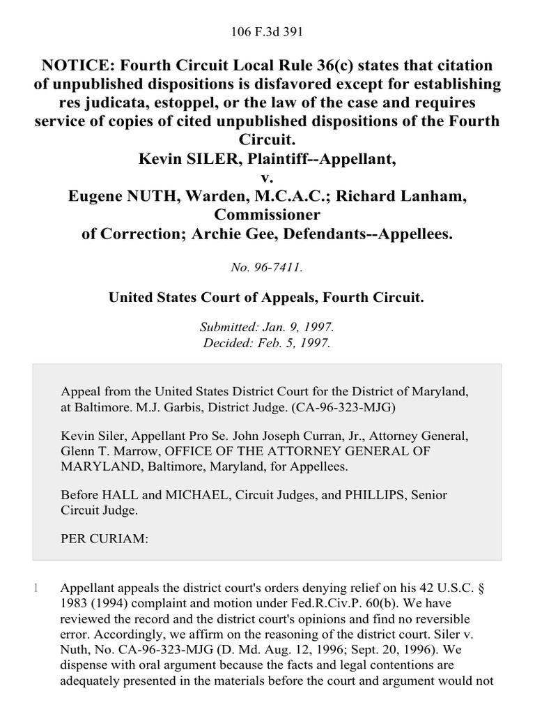 Kevin Siler v. Eugene Nuth, Warden, M.C.A.C. Richard Lanham ...