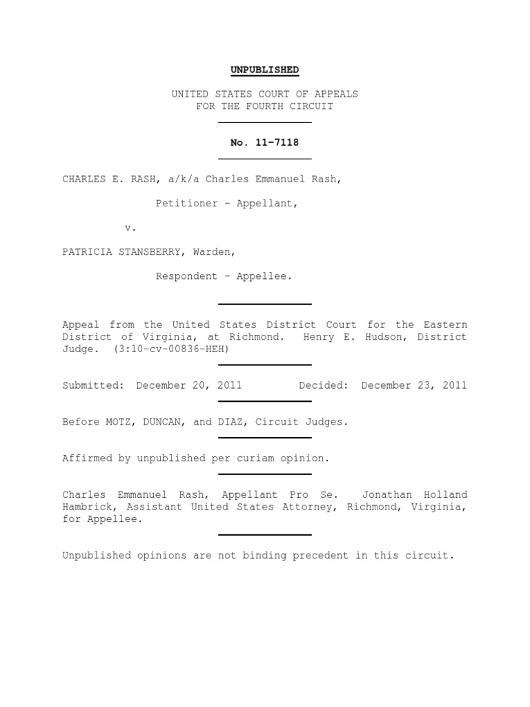Charles Rash v. Patricia Stansberry, 4th Cir. (2011) | PDF | Law