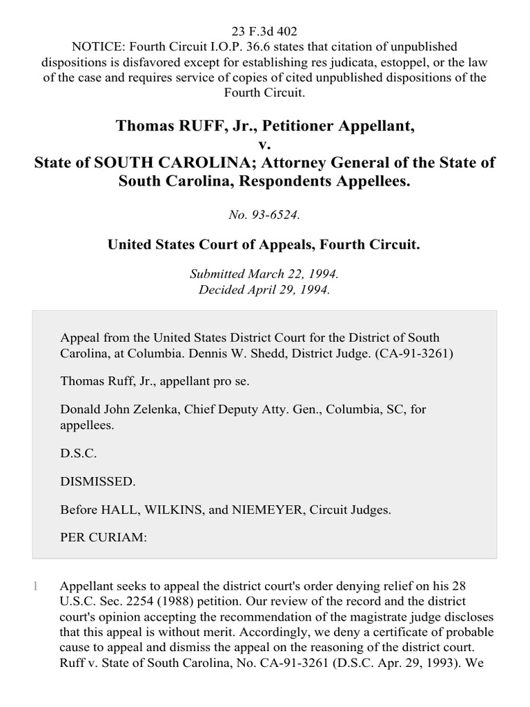Thomas Ruff, Jr. v. State of South Carolina Attorney General of The ...