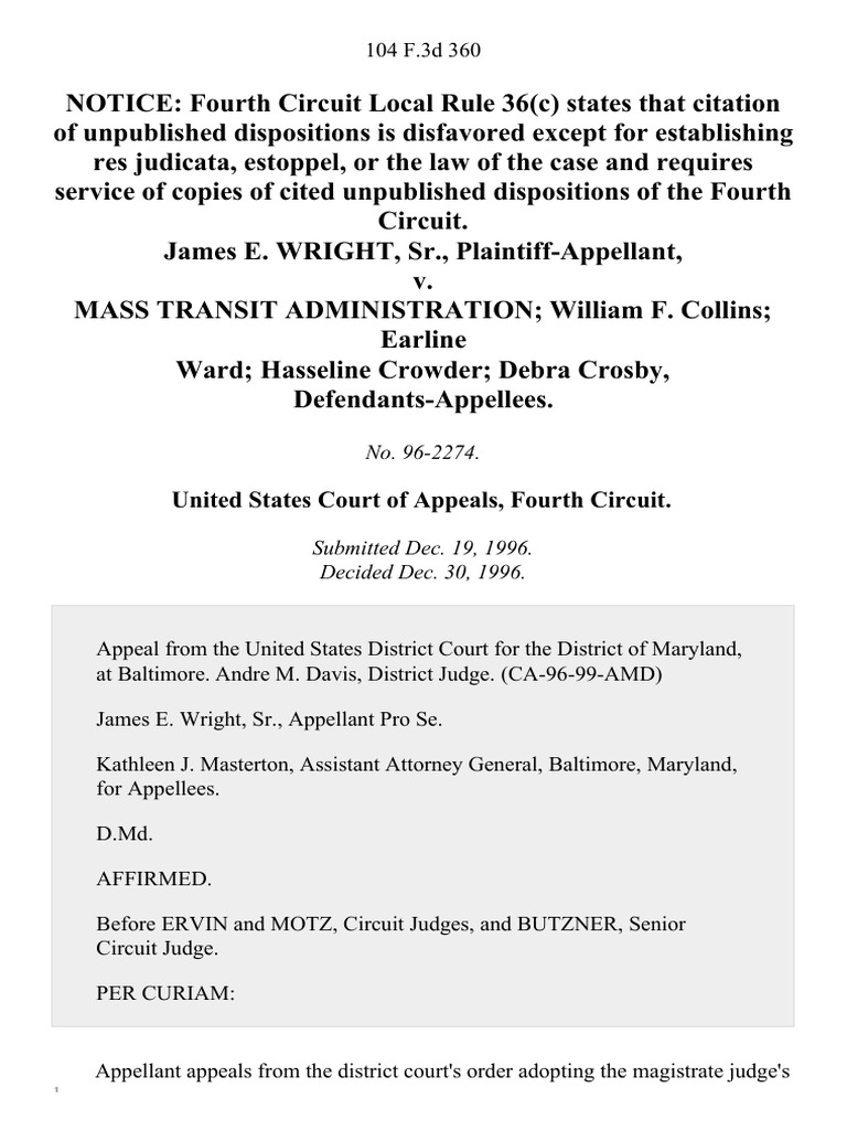 James E. Wright, Sr. v. Mass Transit Administration William F. Collins ...