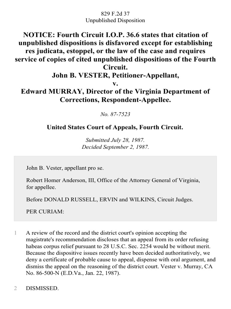 John B. Vester v. Edward Murray, Director of The Virginia Department of ...
