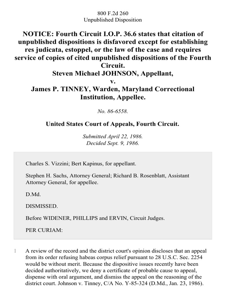 Steven Michael Johnson v. James P. Tinney, Warden, Maryland ...