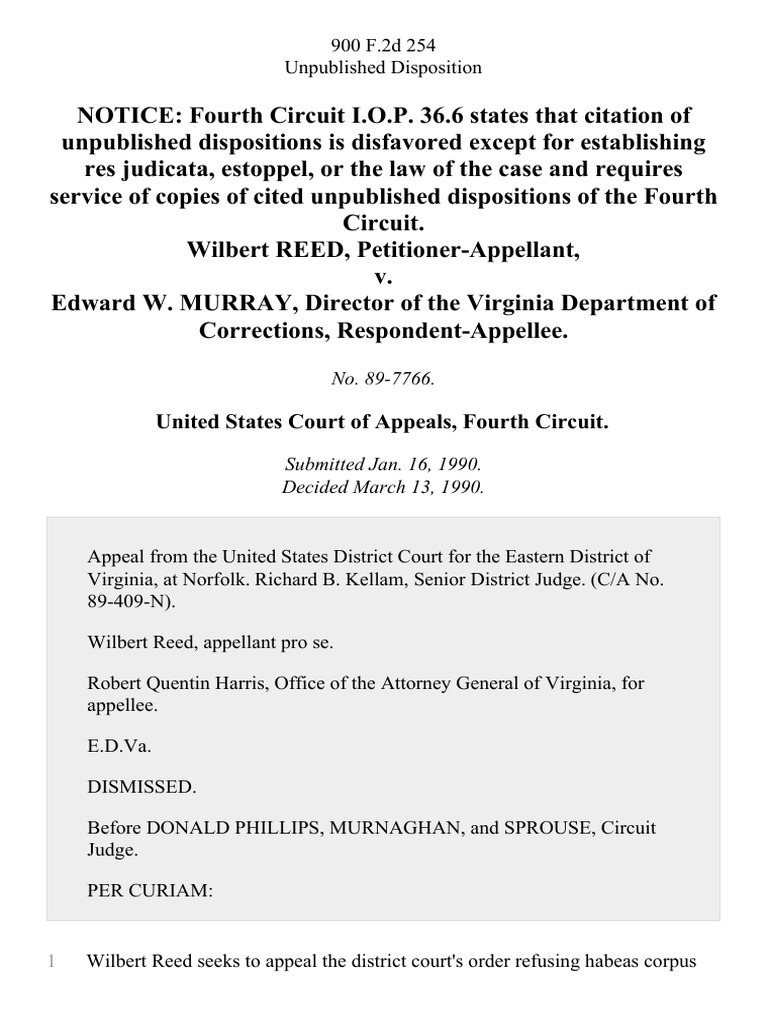 Wilbert Reed v. Edward W. Murray, Director of The Virginia Department ...