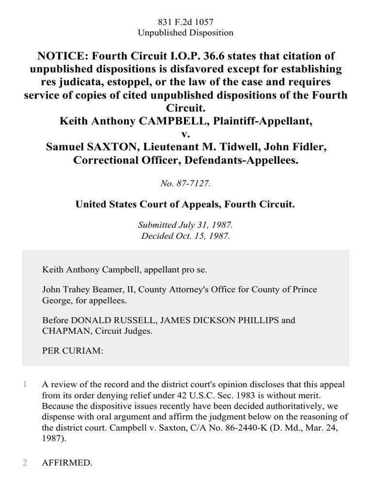 Keith Anthony Campbell v. Samuel Saxton, Lieutenant M. Tidwell, John ...