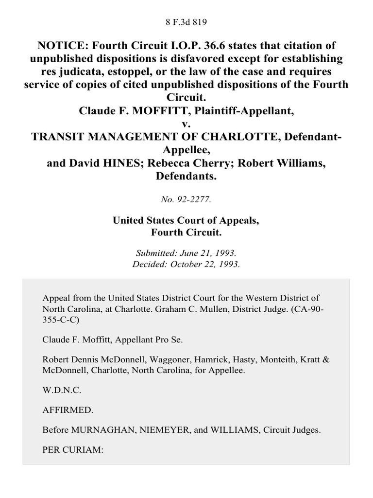 Claude F. Moffitt v. Transit Management of Charlotte, and David Hines ...