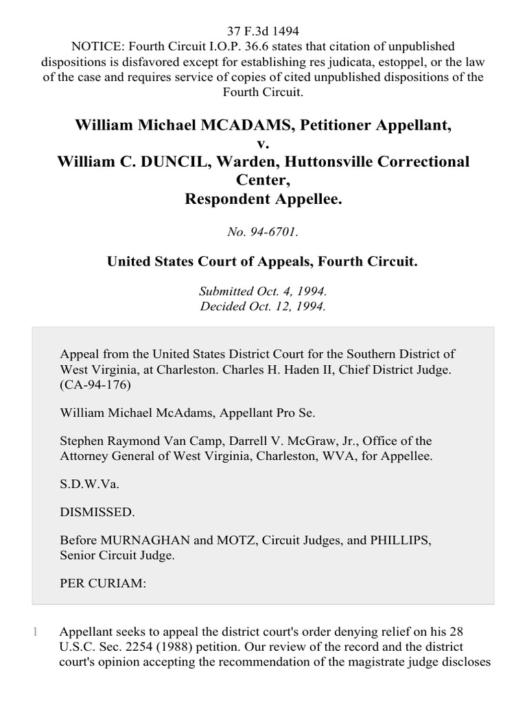 William Michael McAdams v. William C. Duncil, Warden, Huttonsville ...