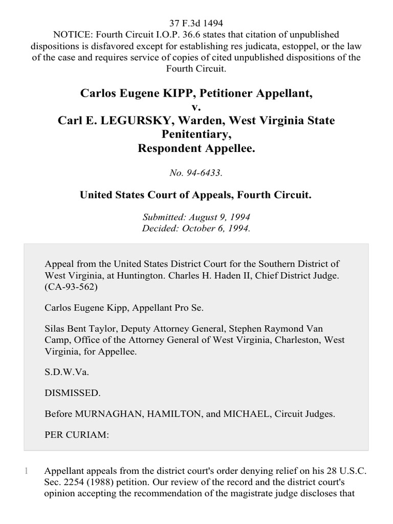 Carlos Eugene Kipp v. Carl E. Legursky, Warden, West Virginia State Penitentiary, 37 F.3d 1494 ...