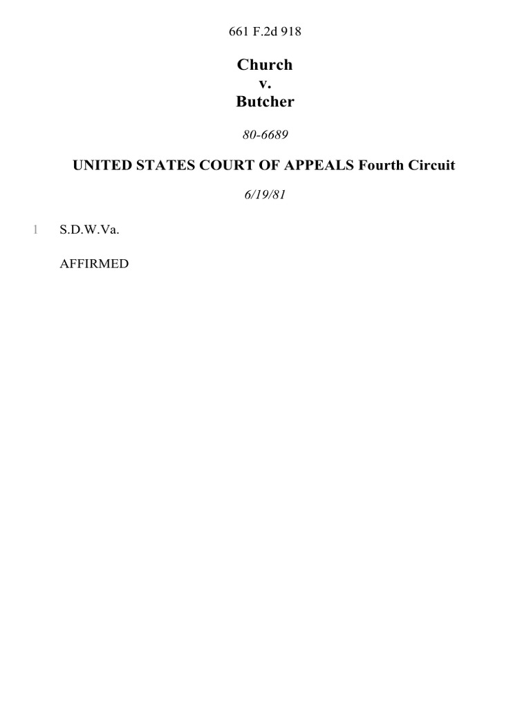 Church v. Butcher, 661 F.2d 918, 4th Cir. (1981) | PDF