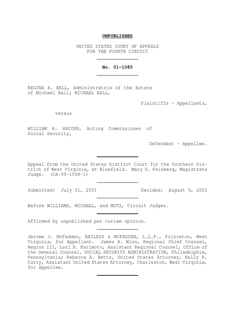 Ball v. Apfel, 4th Cir. (2001) | PDF | Law