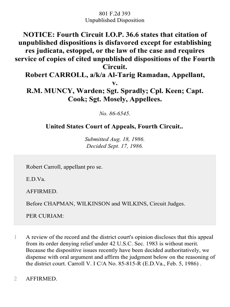 Robert Carroll, A/K/A Al-Tarig Ramadan v. R.M. Muncy, Warden Sgt ...