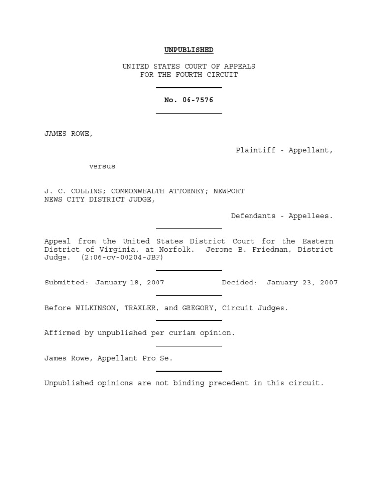 Rowe v. Collins, 4th Cir. (2007) | PDF