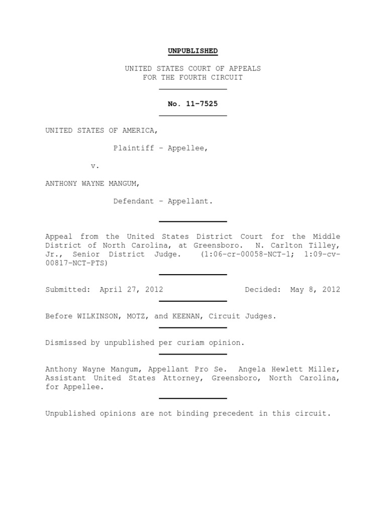 United States v. Anthony Mangum, 4th Cir. (2012) | PDF | Social Science