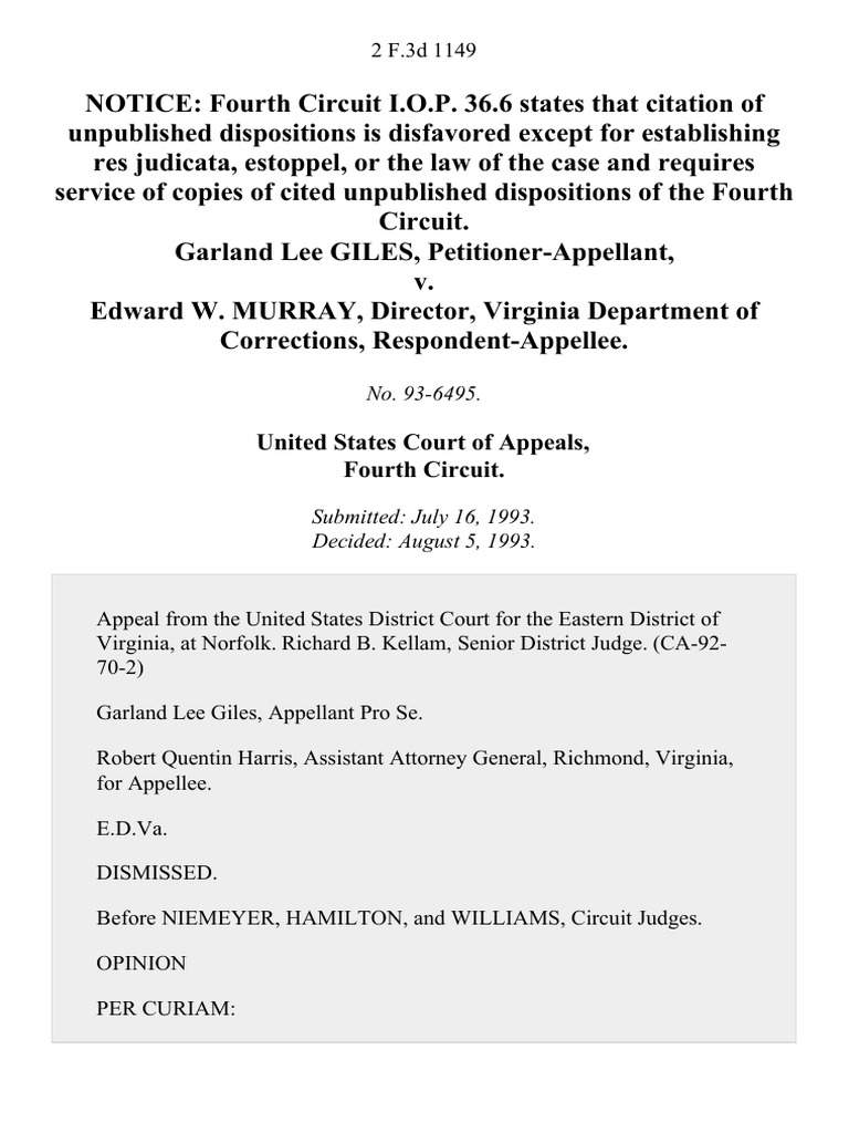 Garland Lee Giles v. Edward W. Murray, Director, Virginia Department of ...