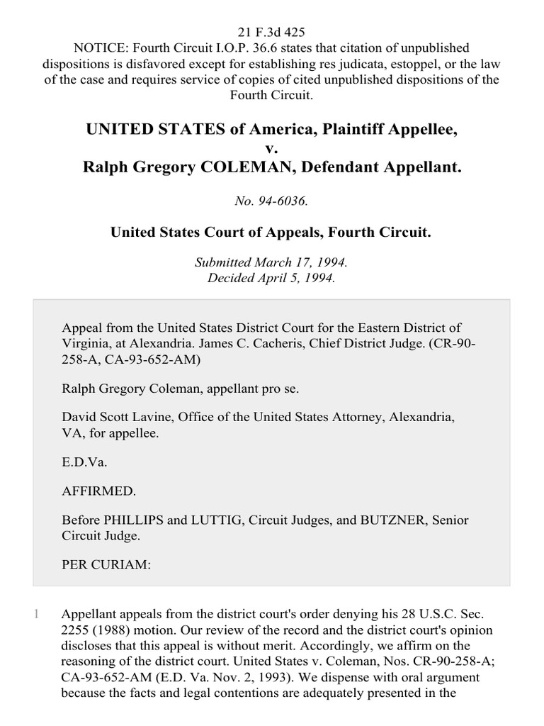 United States v. Ralph Gregory Coleman, 21 F.3d 425, 4th Cir. (1994 ...