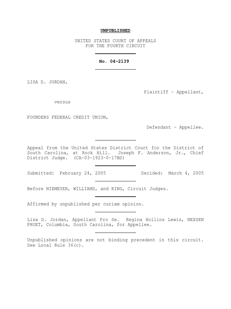 Jordan v. Founders Federal, 4th Cir. (2005) | PDF