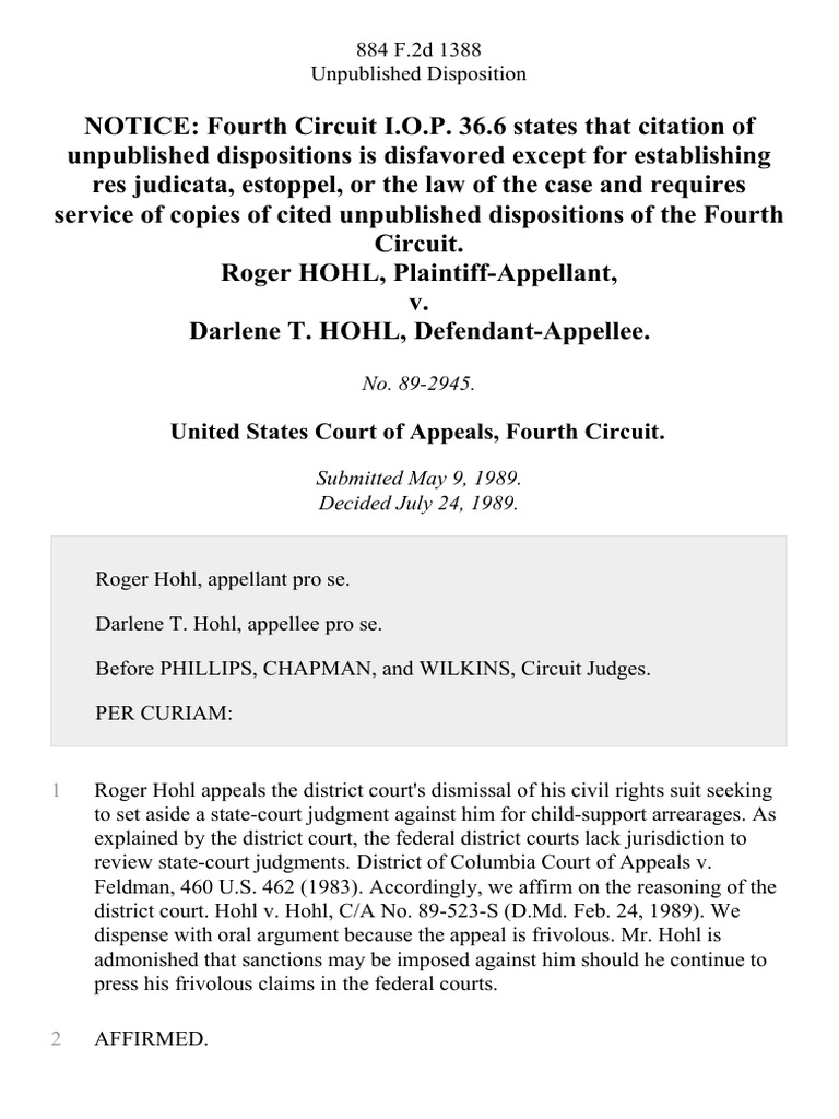 Roger Hohl v. Darlene T. Hohl, 884 F.2d 1388, 4th Cir. (1989) | PDF