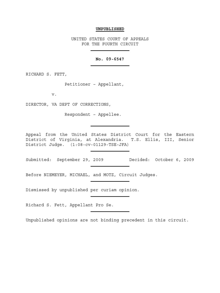 Fett v. Director, VA Dept of Corrections, 4th Cir. (2009) | PDF