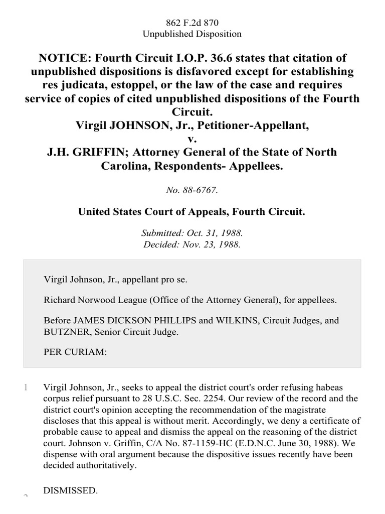 Virgil Johnson, Jr. v. J.H. Griffin Attorney General of The State of ...