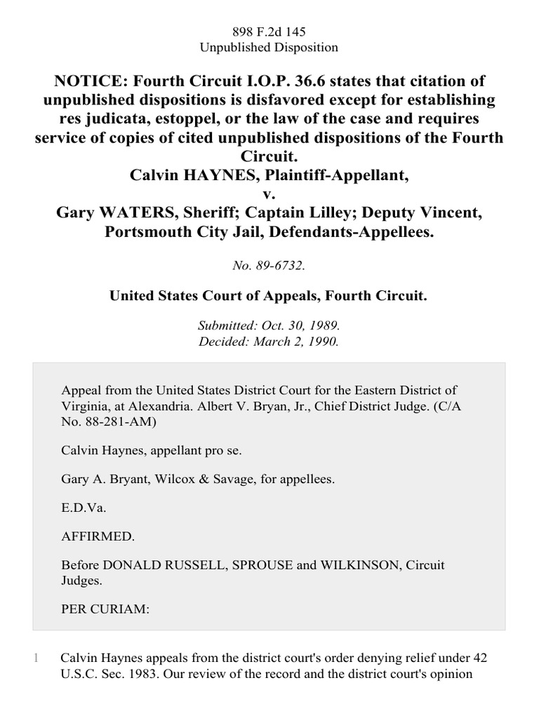 Calvin Haynes v. Gary Waters, Sheriff Captain Lilley Deputy Vincent ...