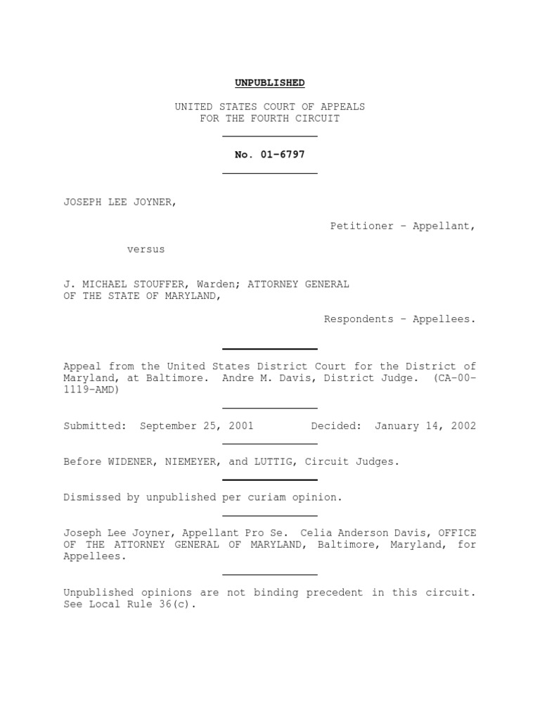 Joyner v. Stouffer, 4th Cir. (2002) | PDF | Politics | Social Science