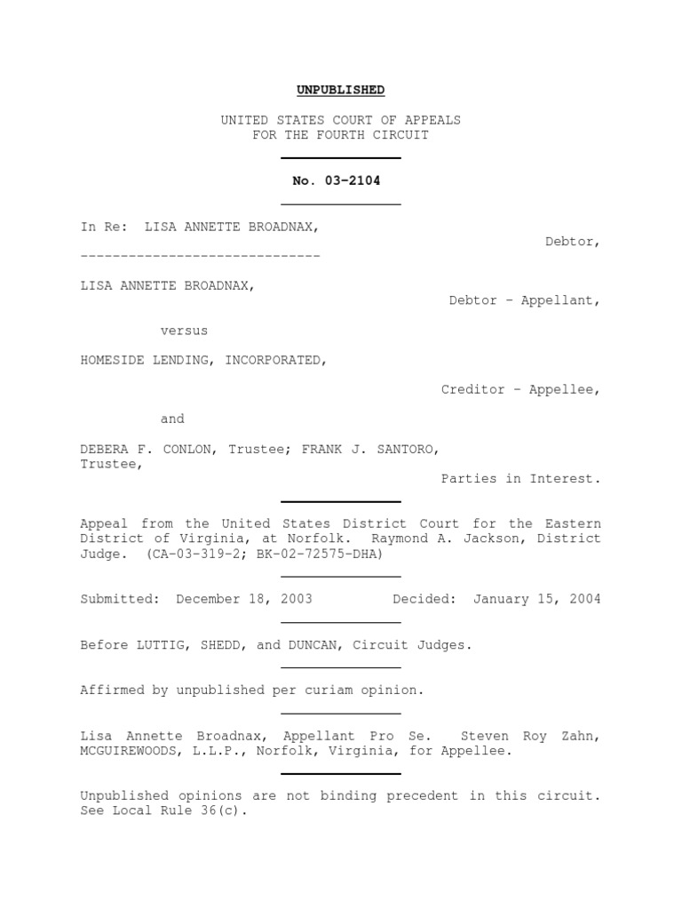 Broadnax v. Homeside Lending Inc, 4th Cir. (2004) | PDF | Politics ...
