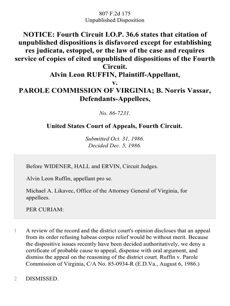 Alvin Leon Ruffin v. Parole Commission of Virginia B. Norris Vassar ...