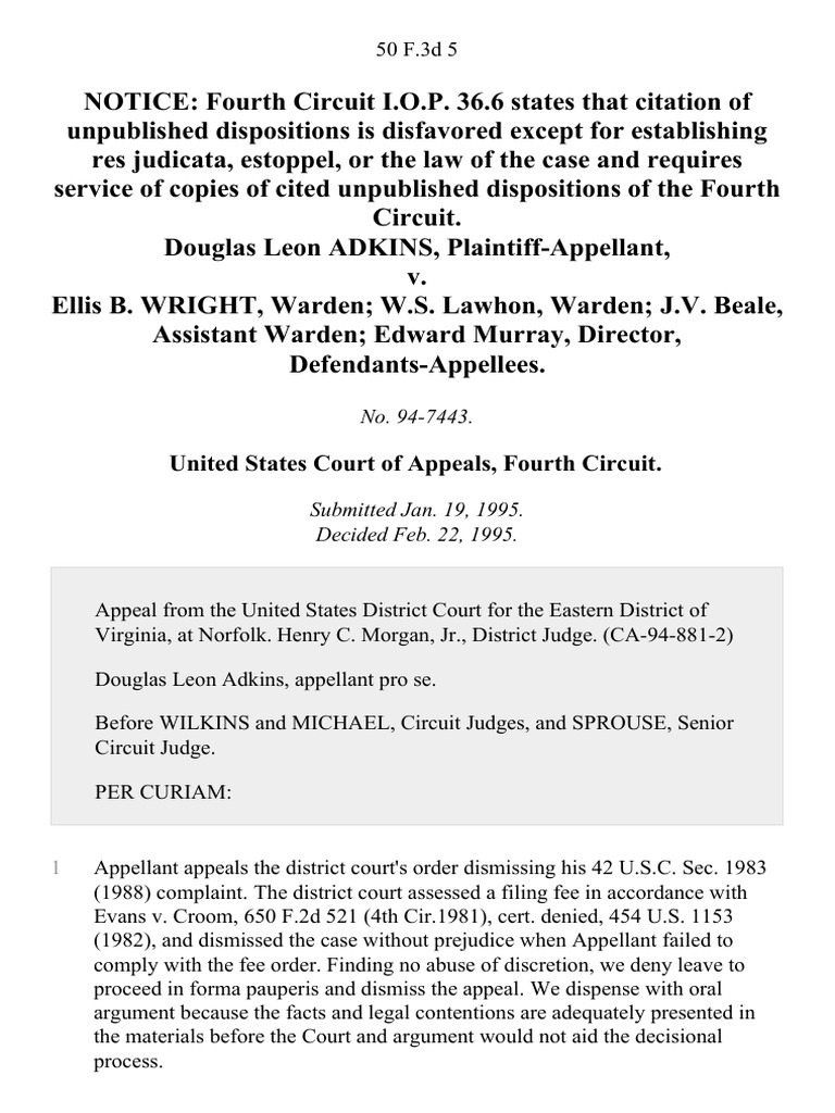 Douglas Leon Adkins v. Ellis B. Wright, Warden W.S. Lawhon, Warden J v ...