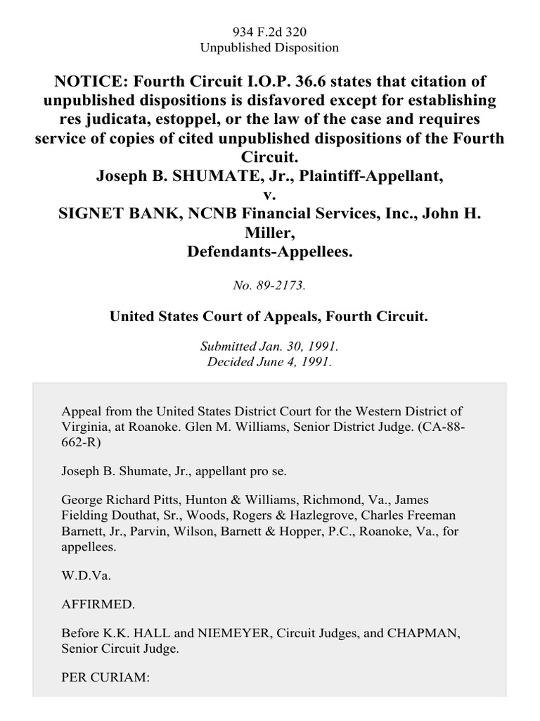 Joseph B. Shumate, Jr. v. Signet Bank, NCNB Financial Services, Inc ...