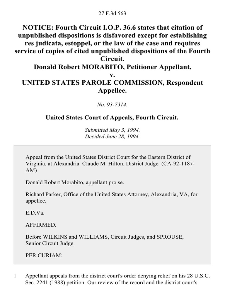 Donald Robert Morabito v. United States Parole Commission, 27 F.3d 563 ...
