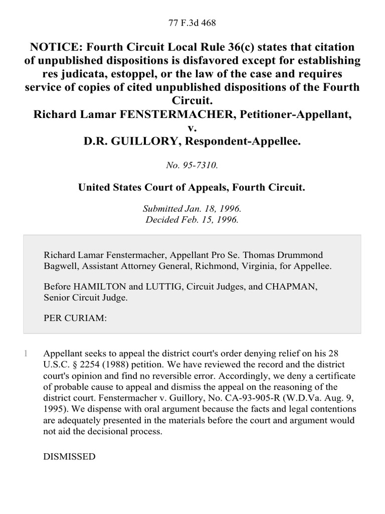 Richard Lamar Fenstermacher v. D.R. Guillory, 77 F.3d 468, 4th Cir ...