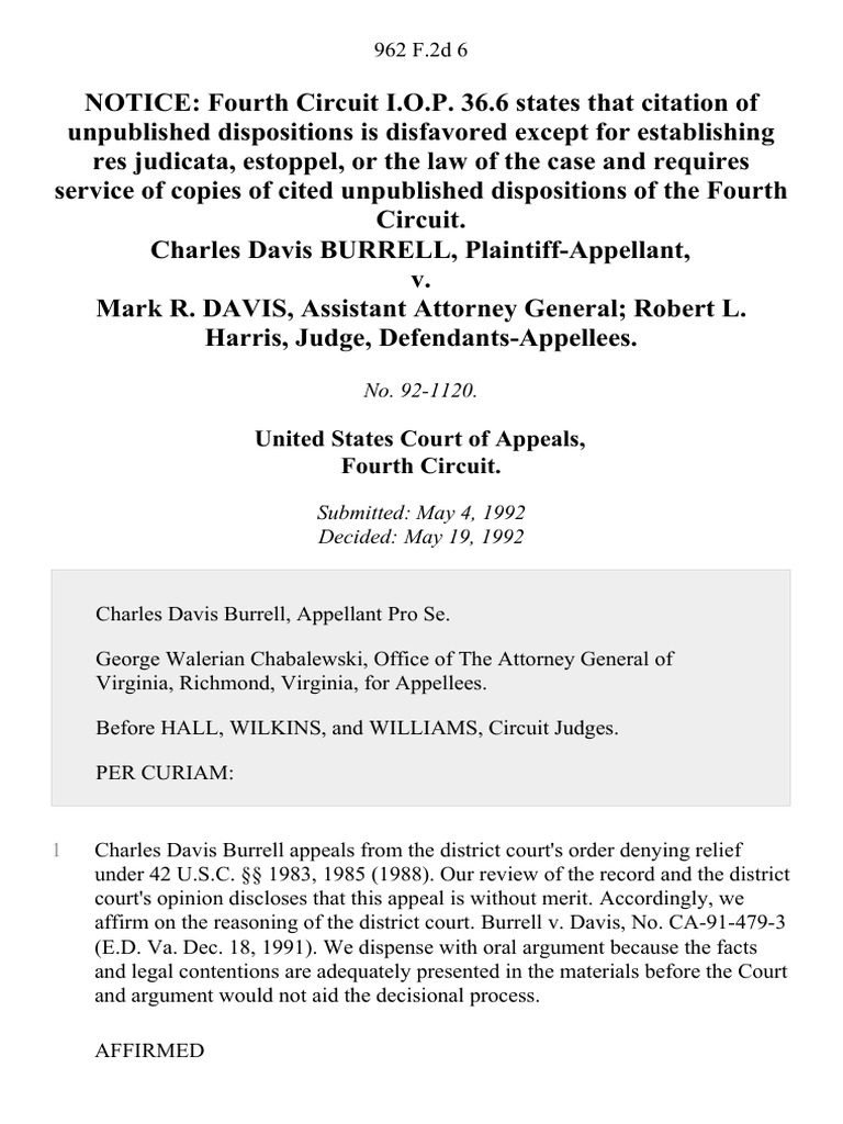 Charles Davis Burrell v. Mark R. Davis, Assistant Attorney General ...
