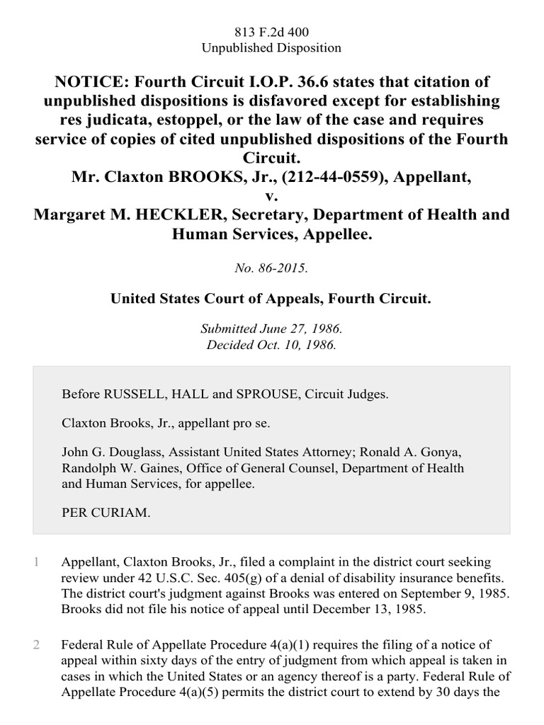 Mr. Claxton Brooks, JR., (212-44-0559) v. Margaret M. Heckler ...