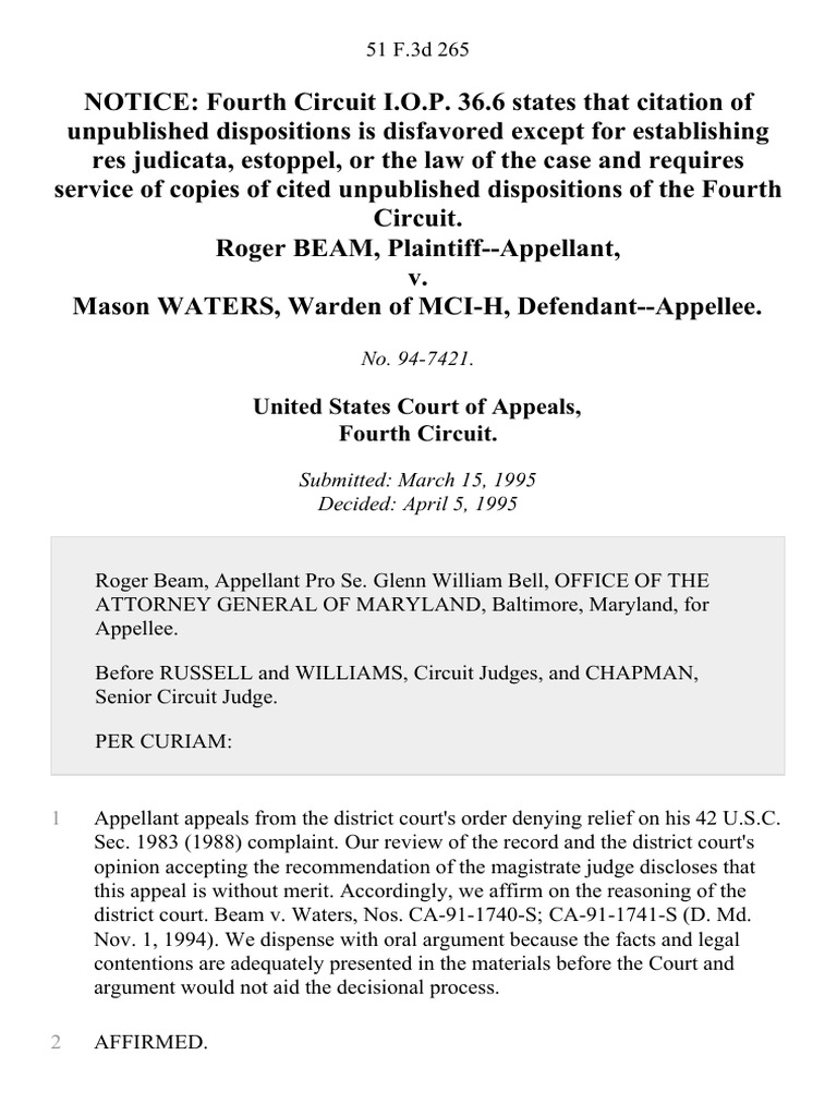 Roger Beam v. Mason Waters, Warden of McI, 51 F.3d 265, 4th Cir. (1995) | PDF