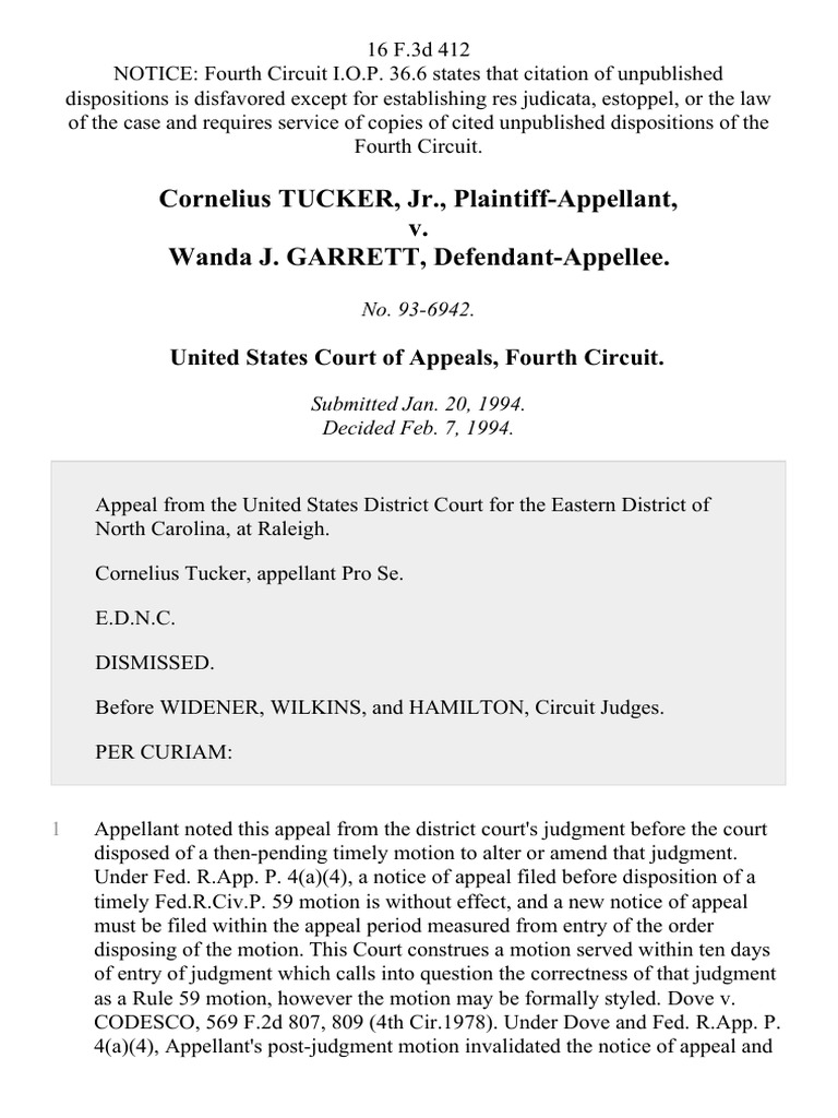 Cornelius Tucker, Jr. v. Wanda J. Garrett, 16 F.3d 412, 4th Cir. (1994 ...