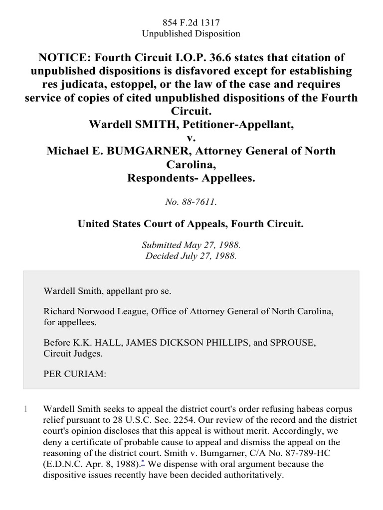Wardell Smith v. Michael E. Bumgarner, Attorney General of North ...