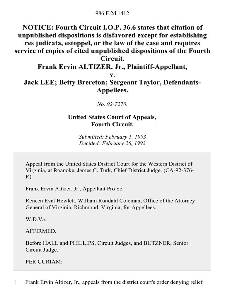 Frank Ervin Altizer, Jr. v. Jack Lee Betty Brereton Sergeant Taylor ...